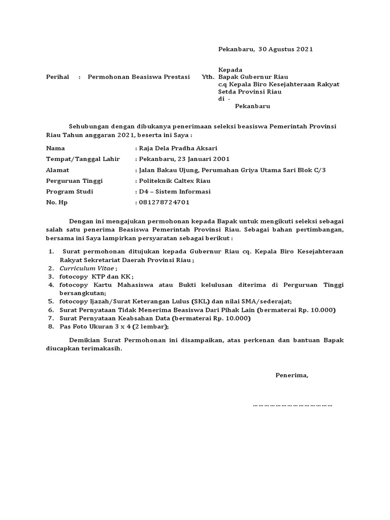 Contoh Format Surat Permohonan Prestasi | PDF