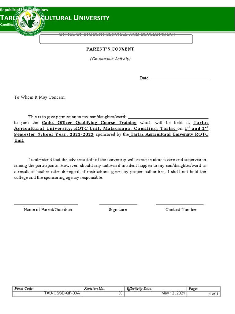 Parent Consent for ROTC Training | PDF | Business