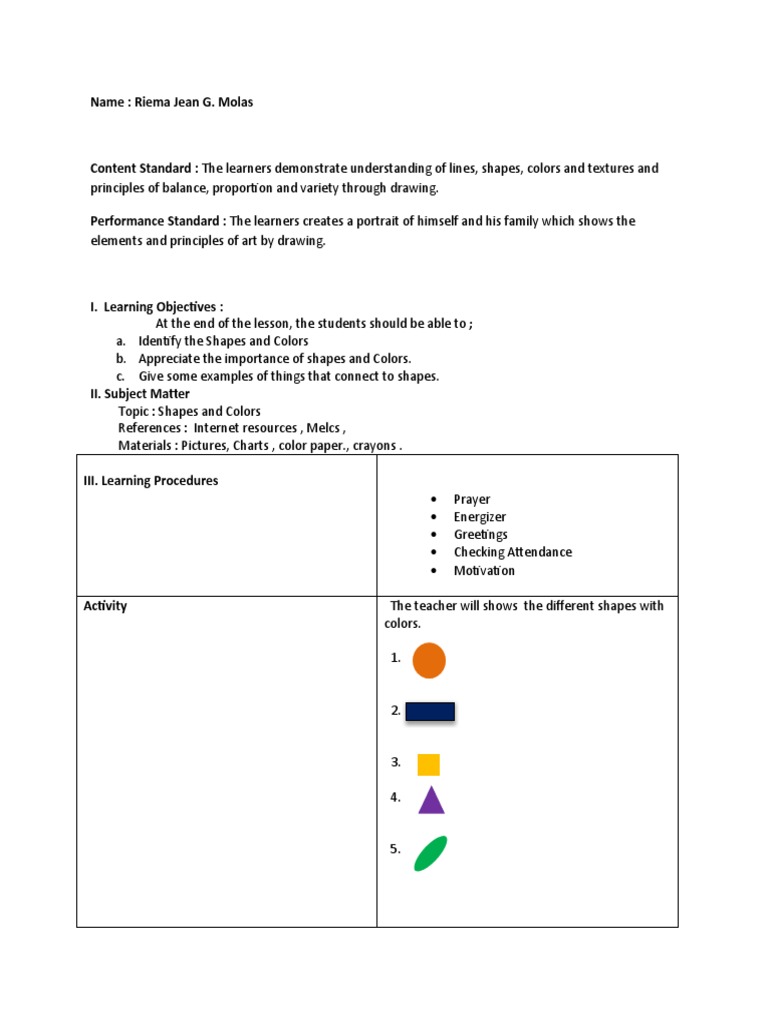 Arts Lesson Plan 1 | PDF | Shape | Color