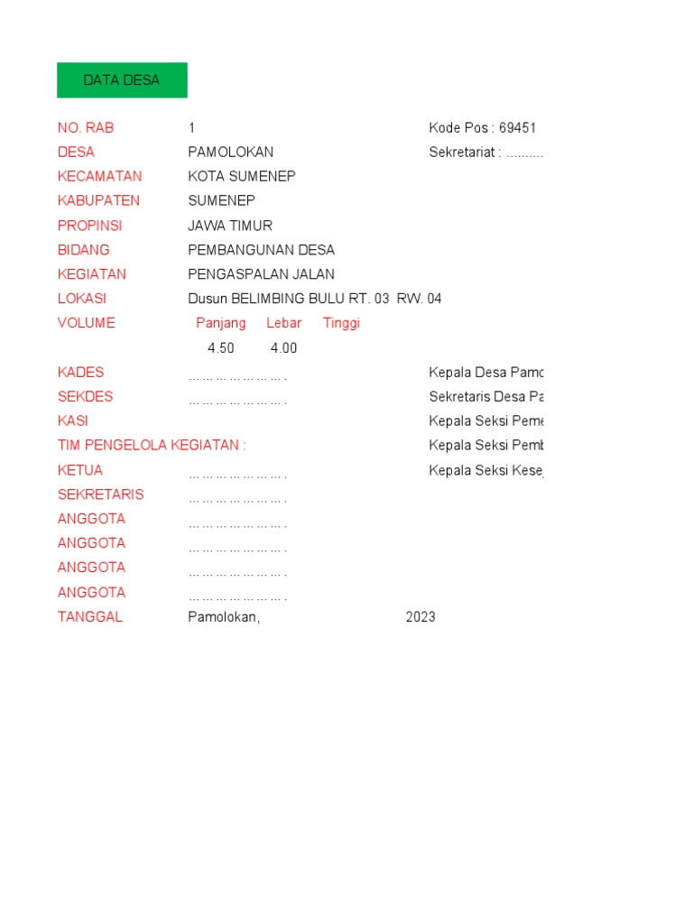 RAB JALAN ASPAL (Lapen) - Dsn. BELIMBING BULU RT. 03 RW. 04 | PDF