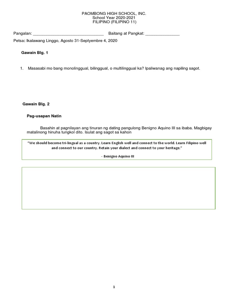 Filipino Activity 1 Lesson 2 | PDF