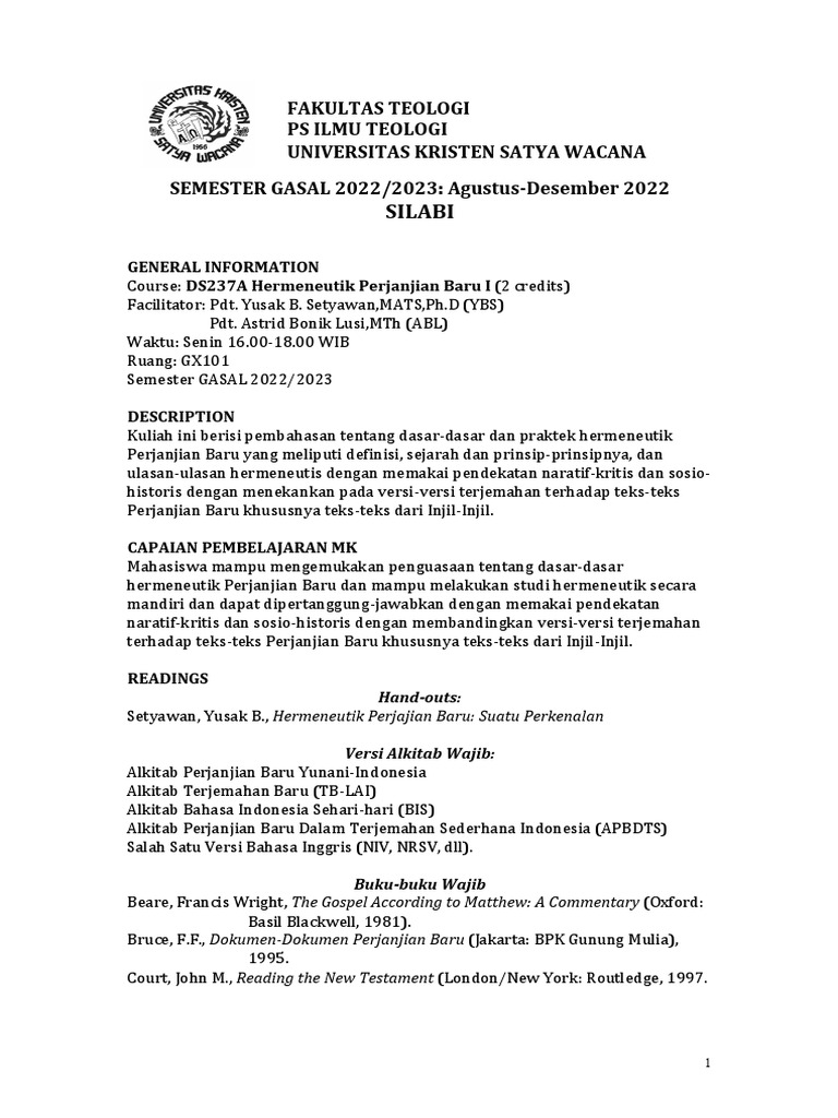 2022 - 08 0 Silabi Hermeneutik PB 1 - Kelasa | PDF | Agama & Spiritualitas
