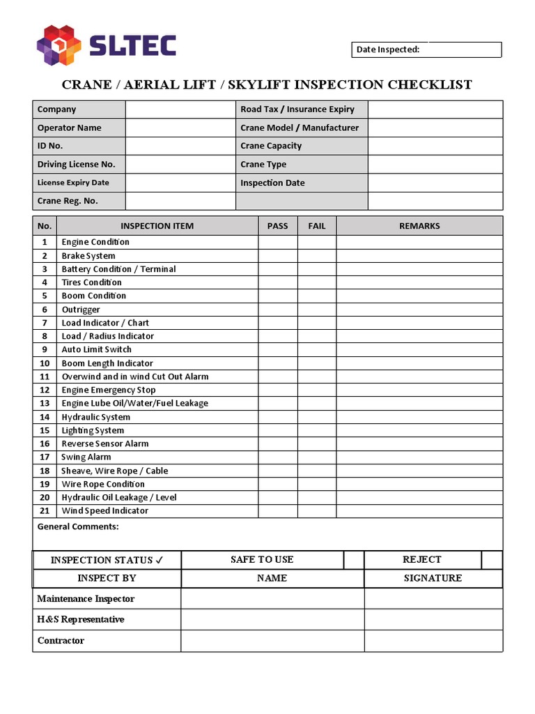 Crane, Aerial Lift, Skylift Inspection Checklist | PDF