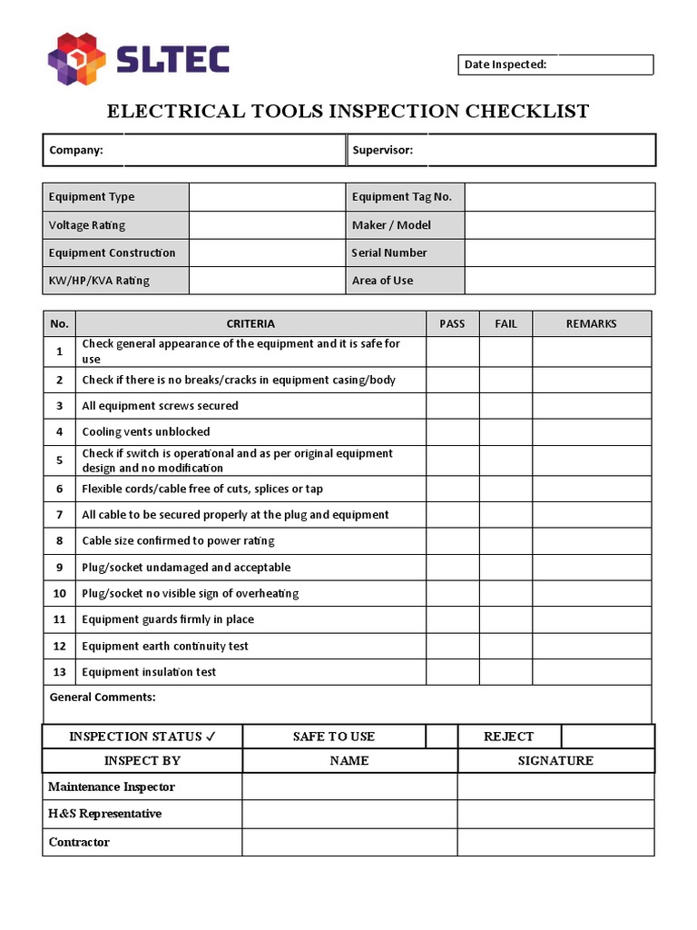 Electrical Tools Inspection Checklist | PDF