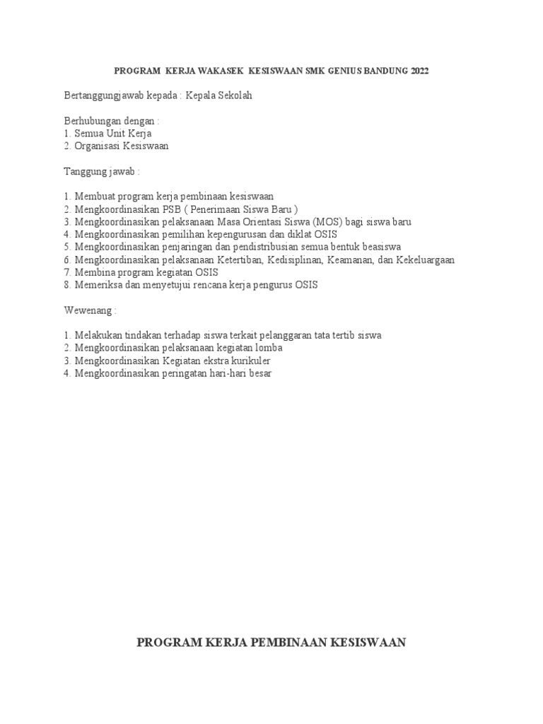 Program Kerja Wakasek Kesiswaan SMK Nege | PDF