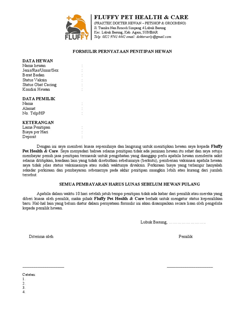 Pernyataan Penitipan Hewan | PDF