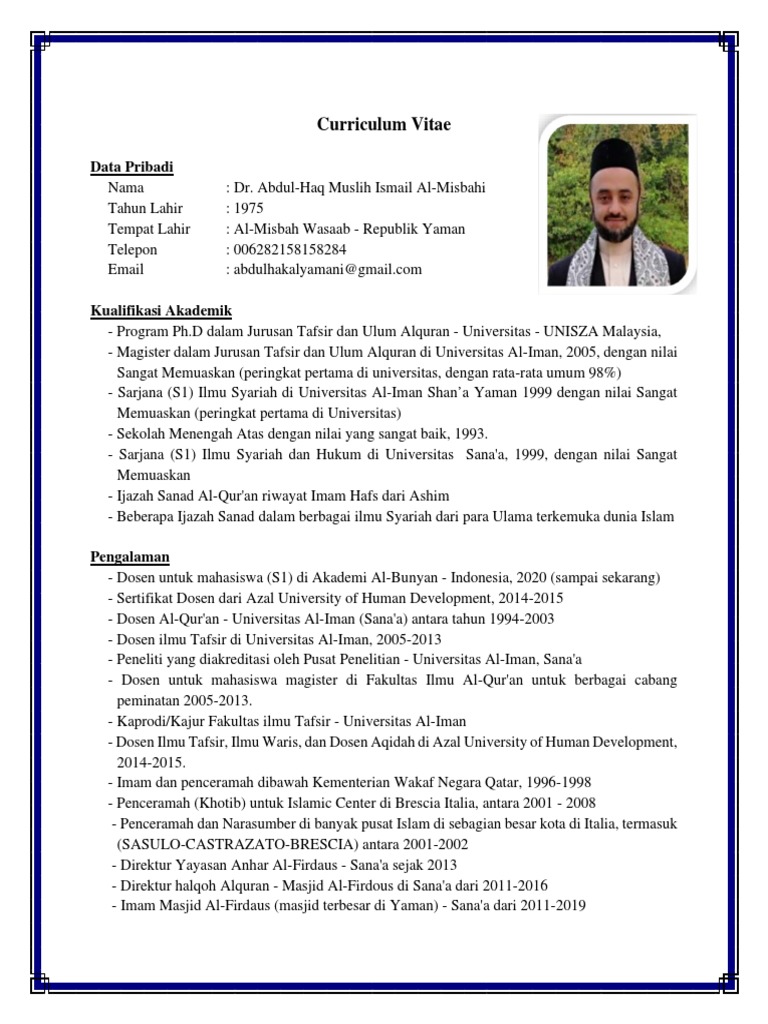 CV Singkat Syaikh Dr. Abdul Haq | PDF | Agama & Spiritualitas