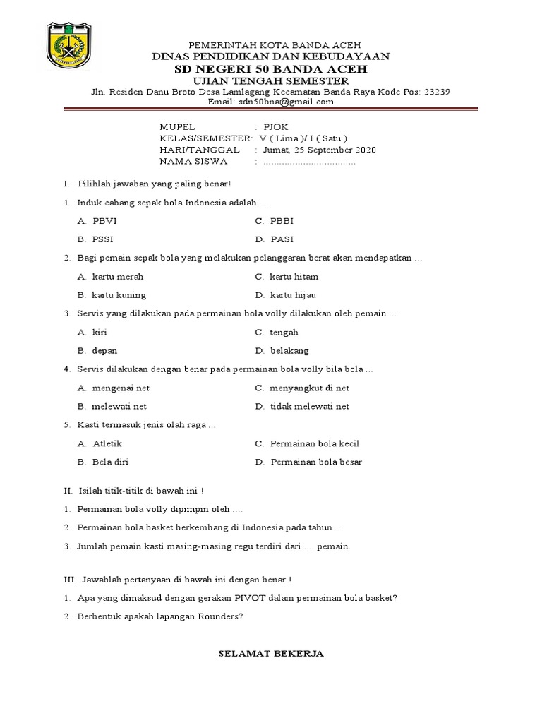 Soal Pjok Kelas 5 | PDF | Olahraga & Rekreasi