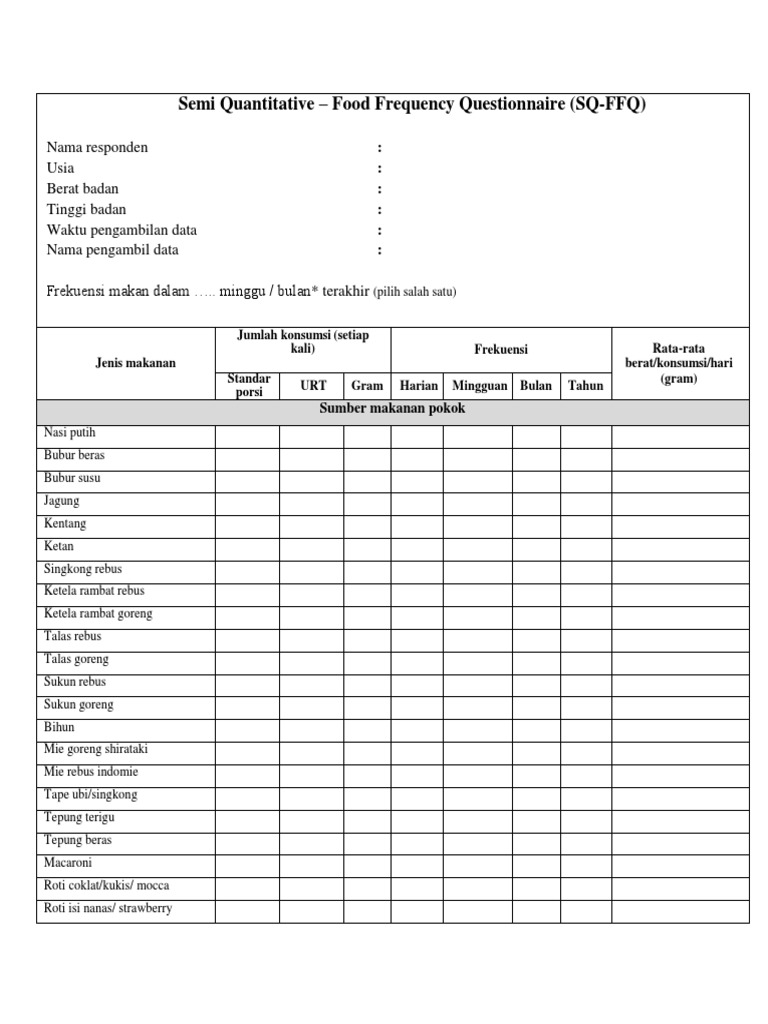 Kuesioner SQ-FFQ untuk Konsumsi Makanan | PDF | Kesehatan Holistik