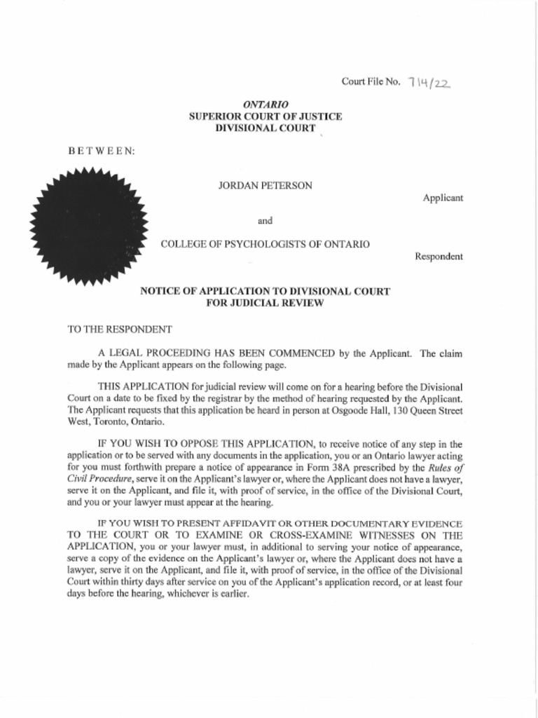Jordan Peterson's Notice of Application Against The College of ...