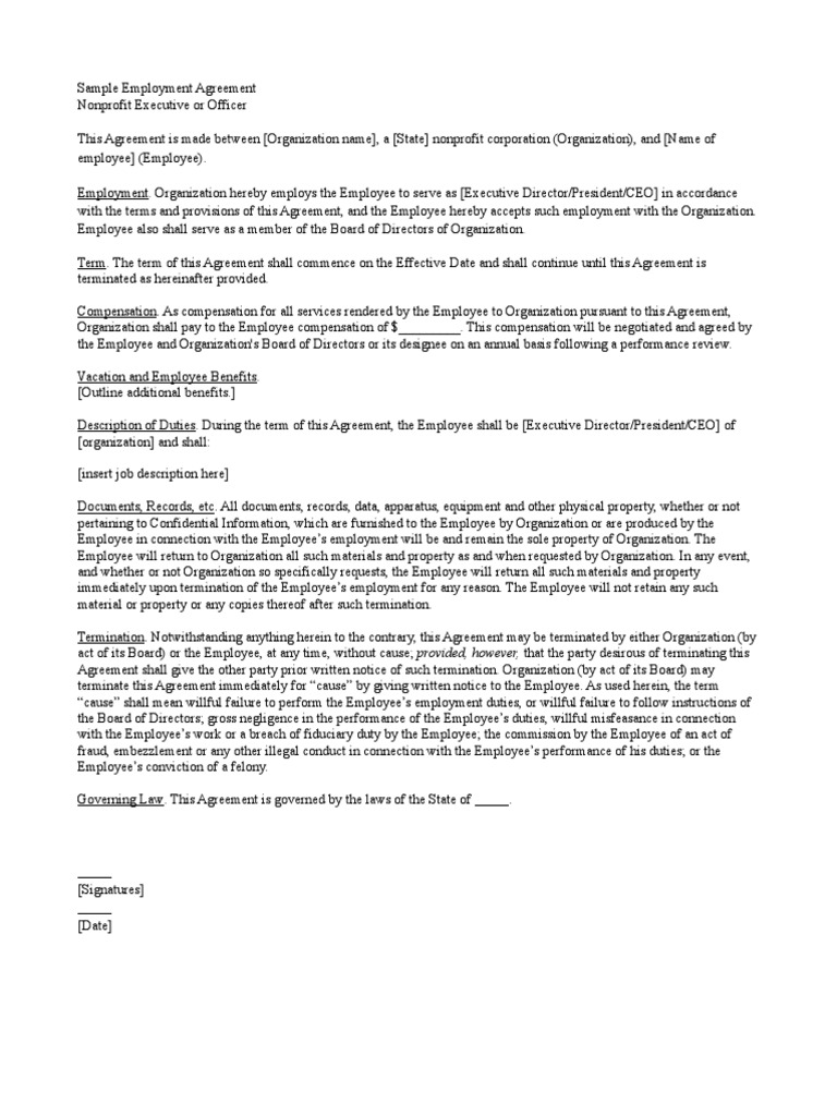 Sample Employment Agreement | PDF | Employment | Board Of Directors
