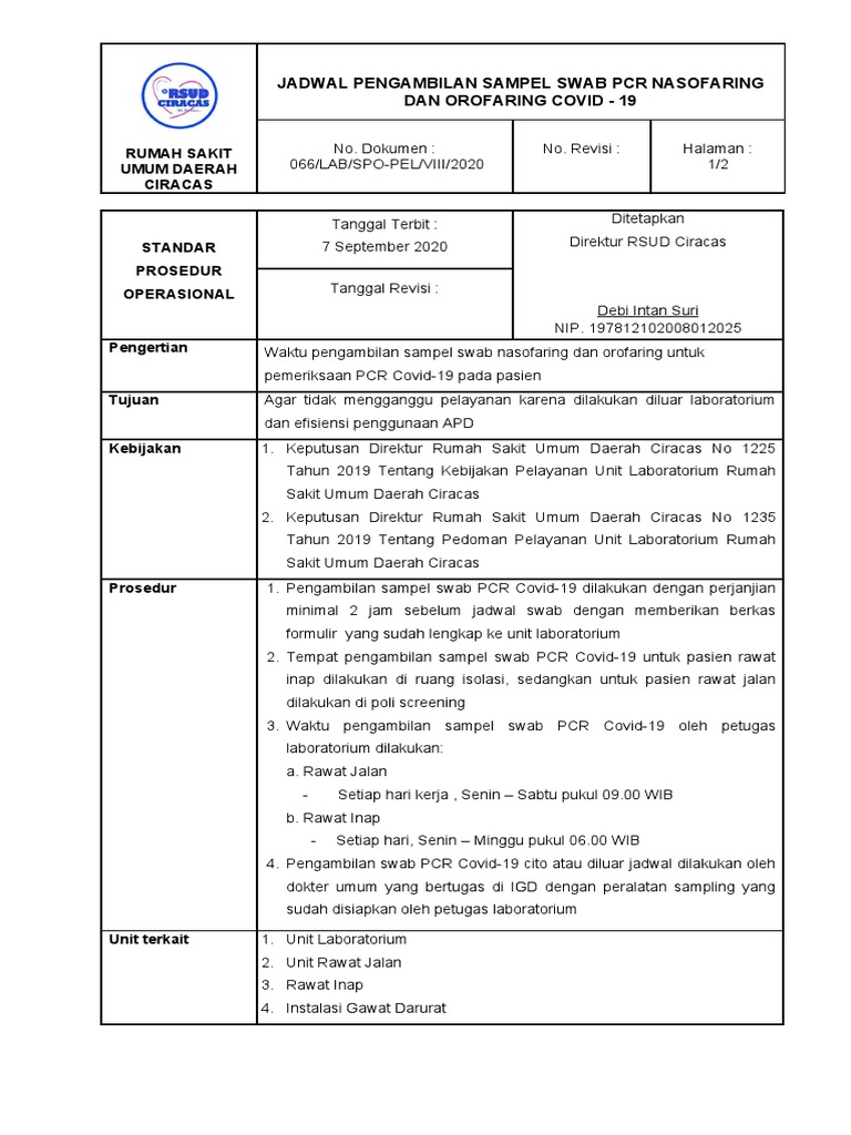 Spo Lab Rsudc-Jadwal Pengambilan Swab PCR Covid-19 | PDF