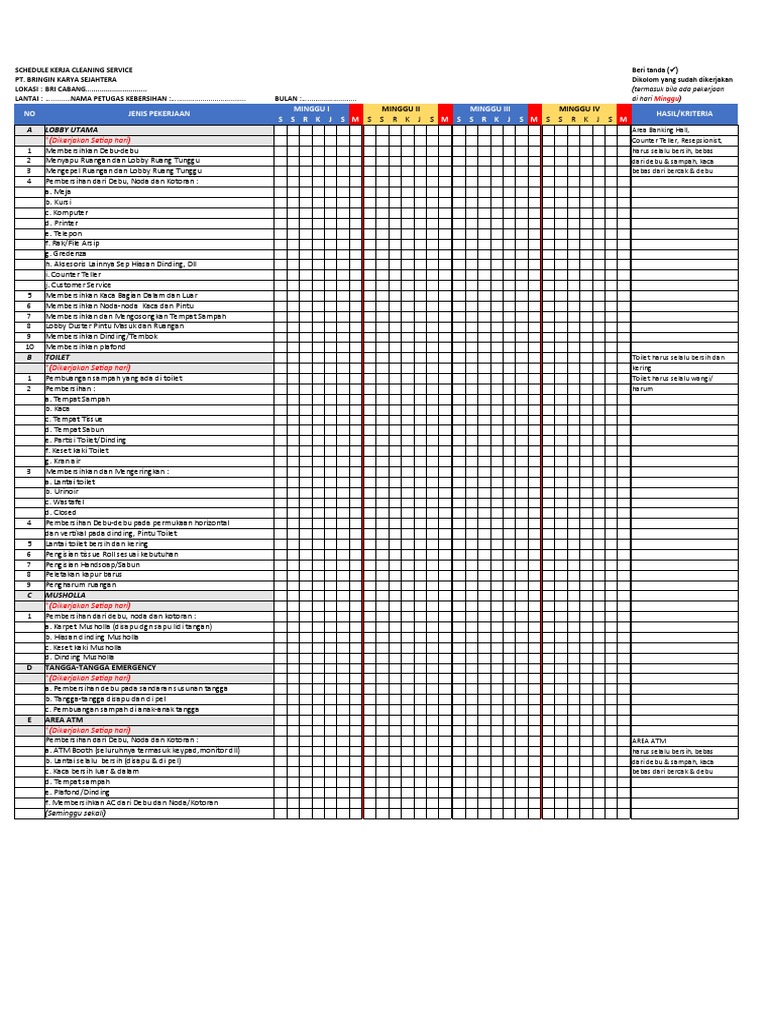 Ceklist Pekerjaan Cleaning Service (Harian Mingguan Bulanan) | PDF