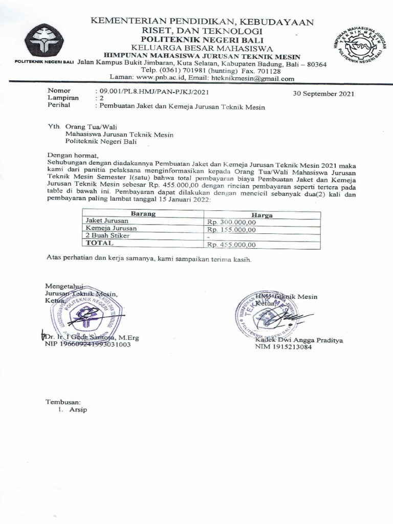 Surat Pembuatan Jaket Dan PDH Jurusan Teknik Mesin | PDF