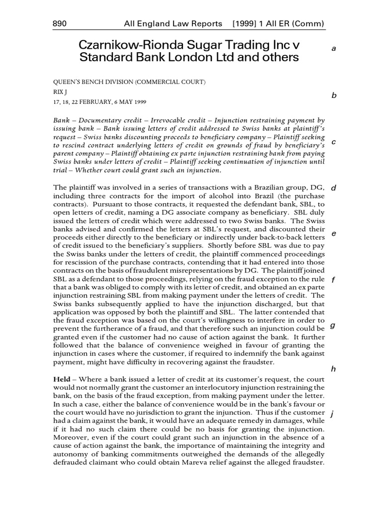 Czarnikow-Rionda Sugar Trading Inc V Standard Bank London LTD and Others (1999) 1 All ER (Comm ...