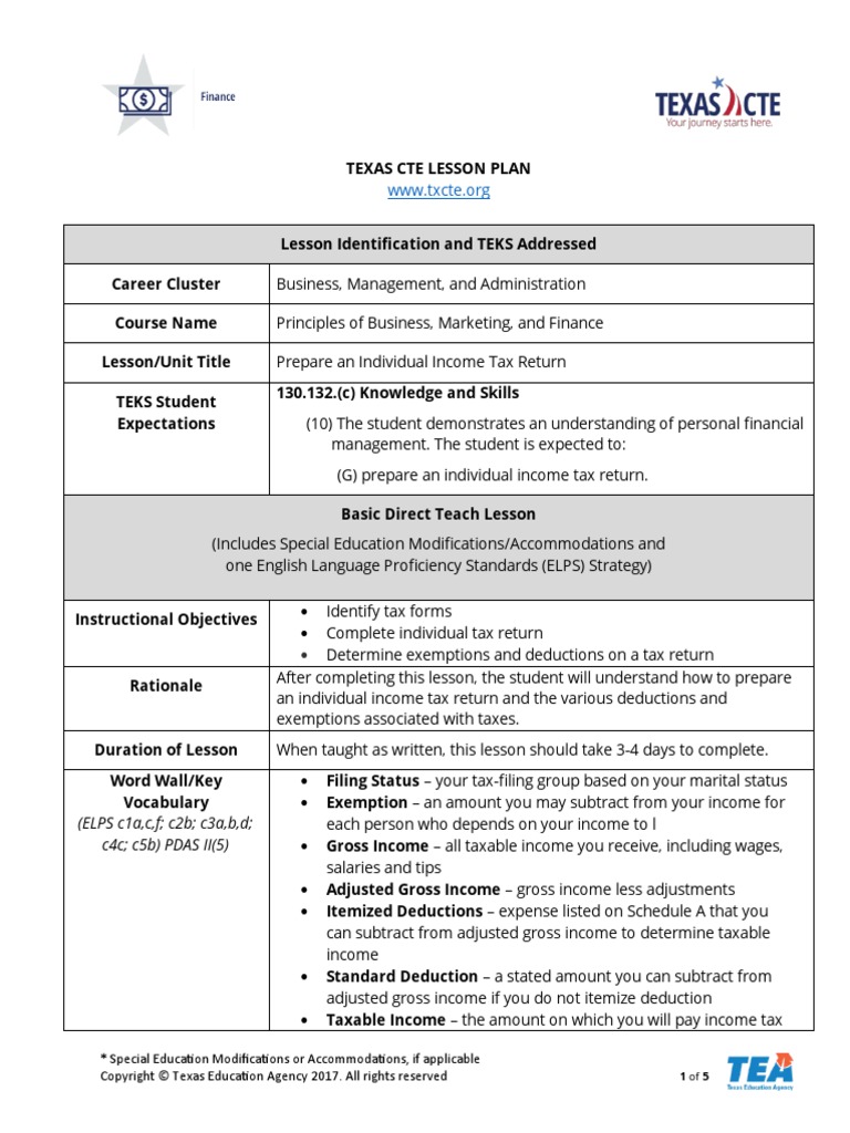 Lesson Plan Prepare An Individual Income Tax Return - 0 | PDF | Irs Tax ...