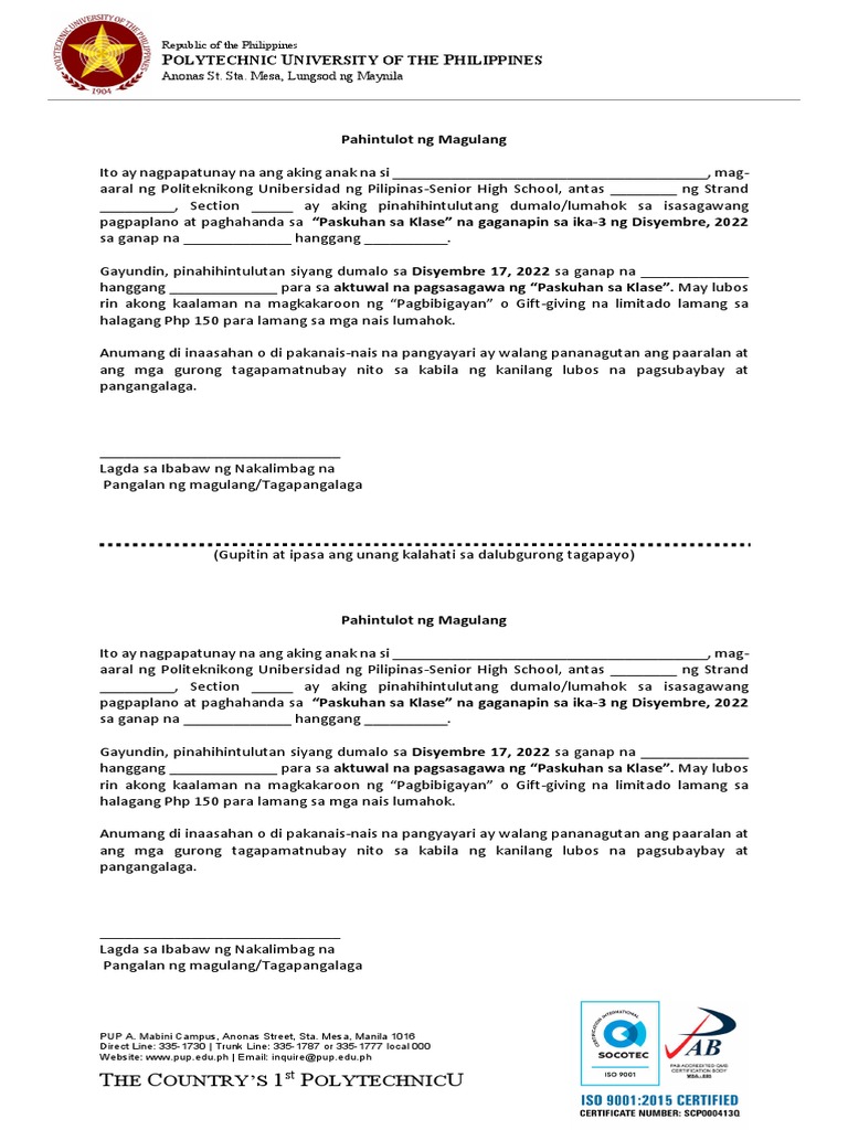 Pahintulot NG Magulang | PDF