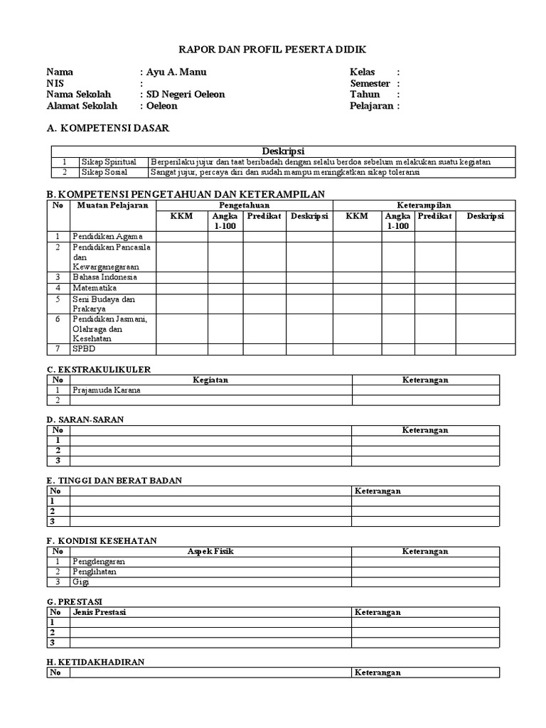 RAPOR DAN PROFIL PESERTA DIDIK - SD Negeri Oeleon | PDF