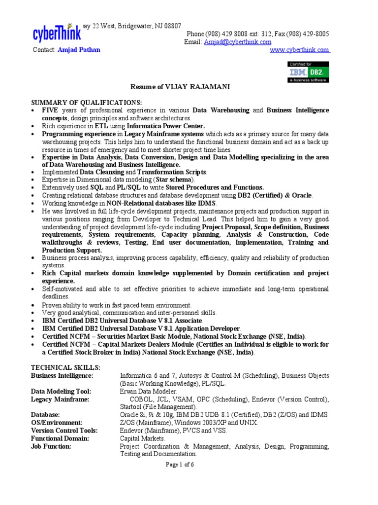 Resume of Vijay Rajamani: Amjad Pathan | PDF | Ibm Db2 | Parameter ...