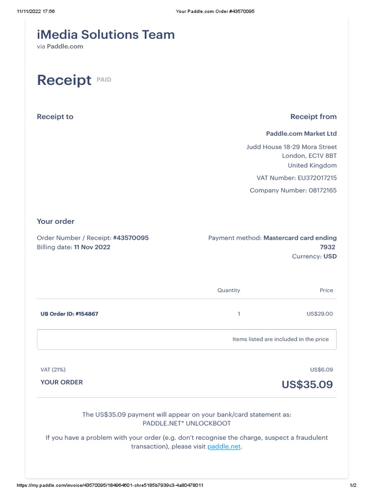 Your Paddle - Com Order #43570095 | PDF | Receipt | Payments