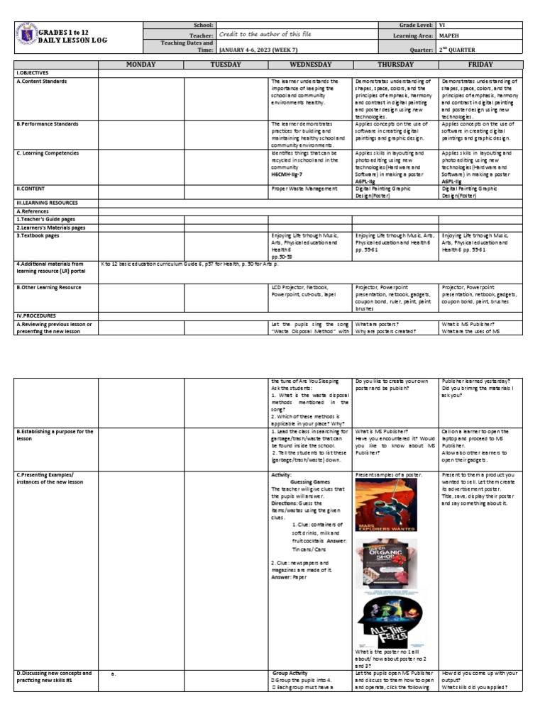 DLL - Mapeh 6 - Q2 - W7 | PDF | Learning | Graphic Design