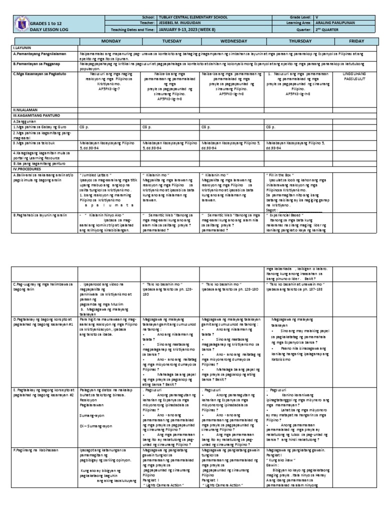 Araling Panlipunan 5 - Q2 - W8 DLL | PDF