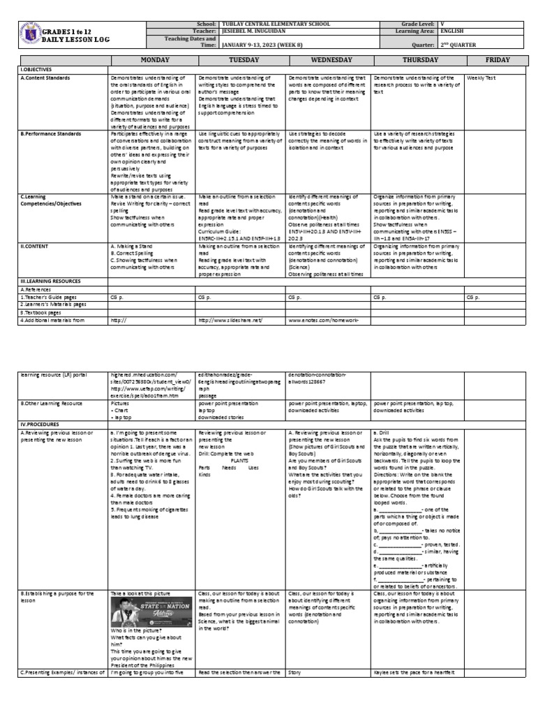 DLL Quarter 2 Week 8 ENGLISH 5 | PDF