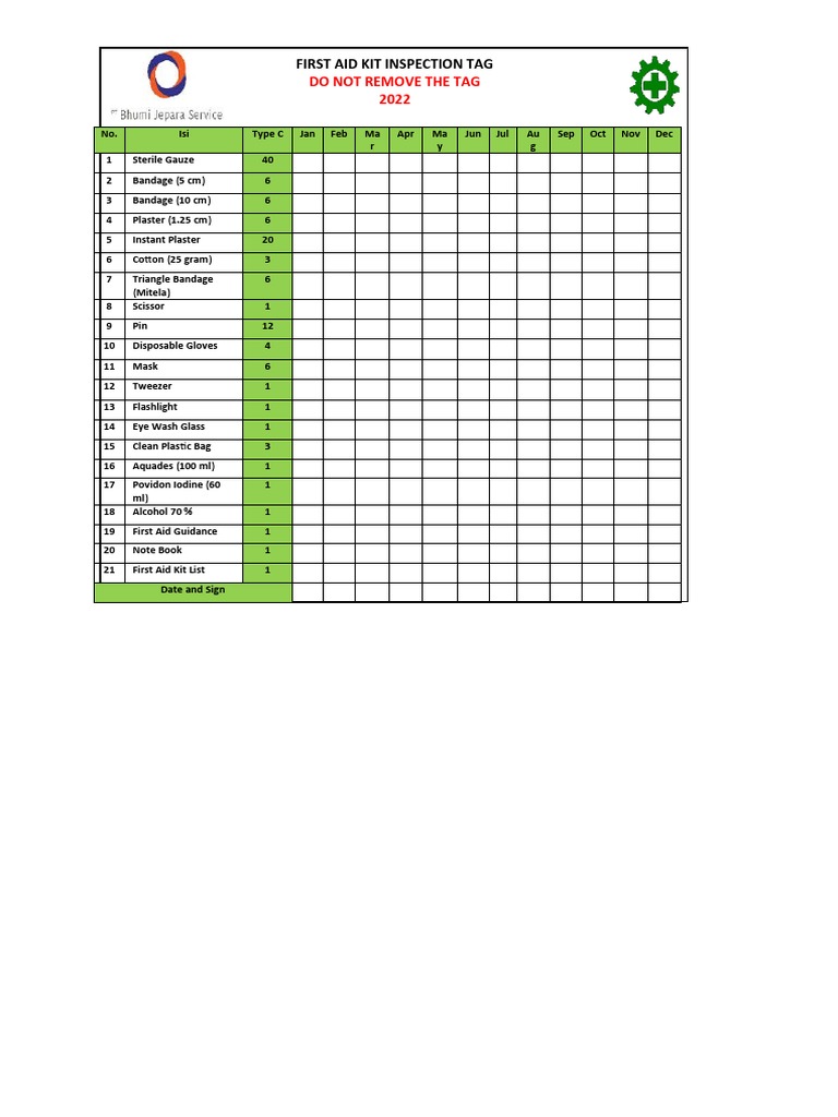 First Aid Inspection Tag | PDF | Equipment | First Aid