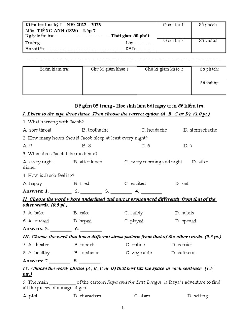 Đề Thi Tham Khảo HK1 Anh 7 | PDF
