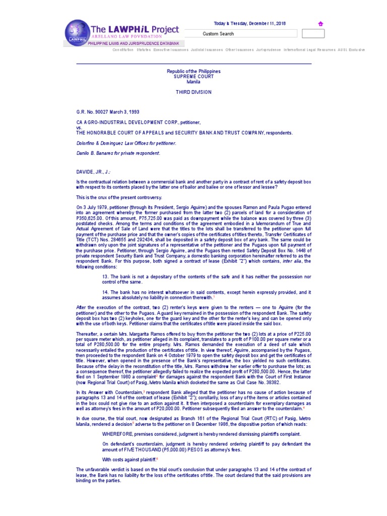 CA Agro-Industrial Corp Vs CA G.R. No. 90027 | PDF | Lease | Legal ...