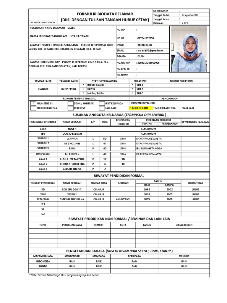 Form Lamaran Pt. Reiken | PDF