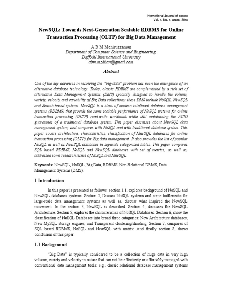 Newsql: Towards Next-Generation Scalable Rdbms For Online Transaction Processing (Oltp) For Big ...