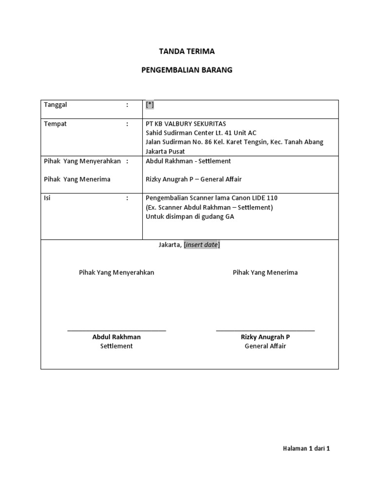 Tanda Terima Pengembalian Barang | PDF