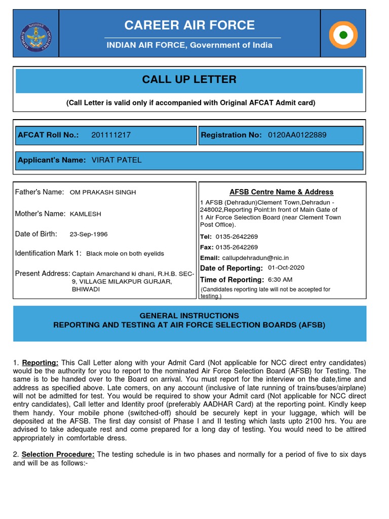 Afsb Callletter | PDF | Identity Document