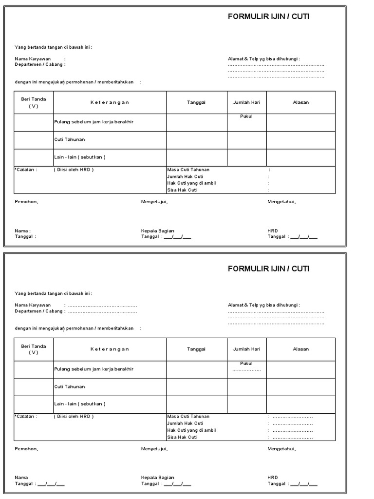 Form Cuti Dan Ijin Perusahaan | PDF