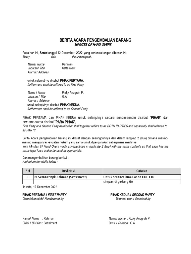 Berita Acara Pengembalian Barang | PDF