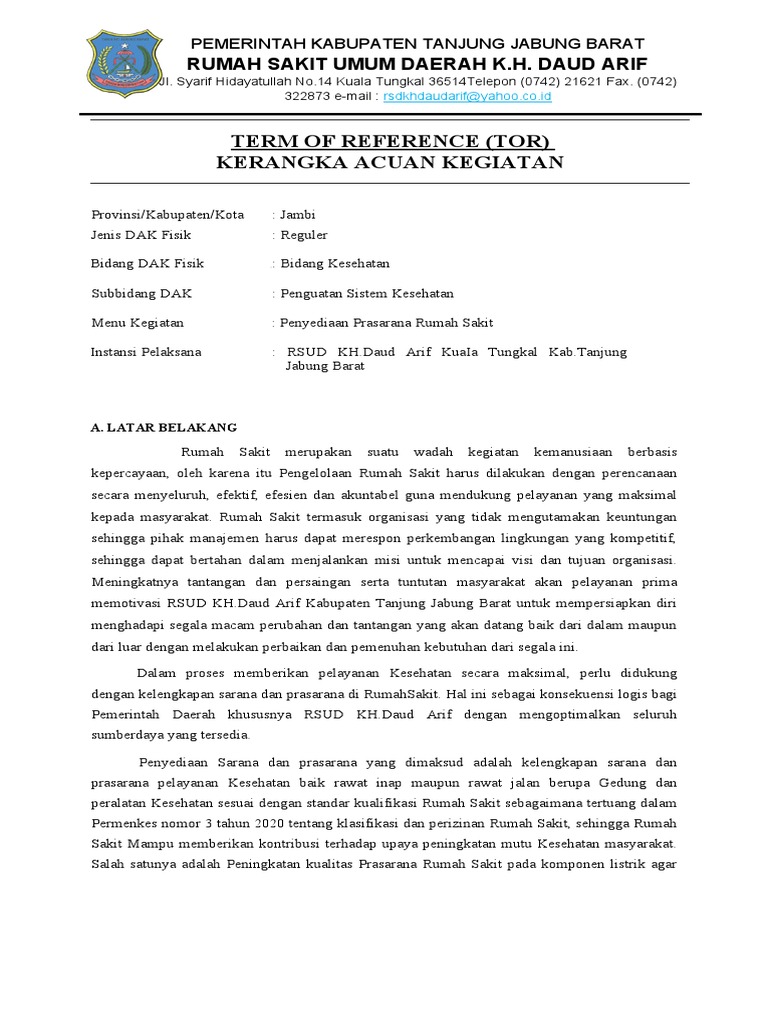Term of Reference (Tor) Kerangka Acuan Kegiatan: Rumah Sakit Umum ...