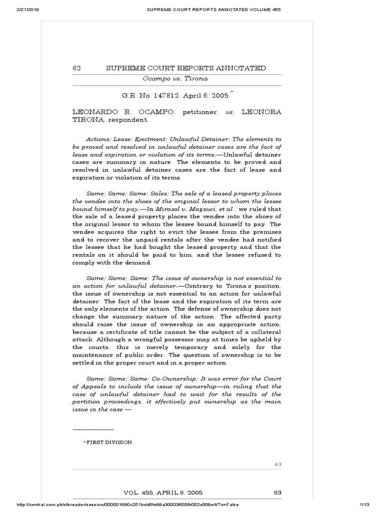 Ocampo vs. Tirona 455 SCRA 62, April 06, 2005 | PDF | Lease | Lawsuit