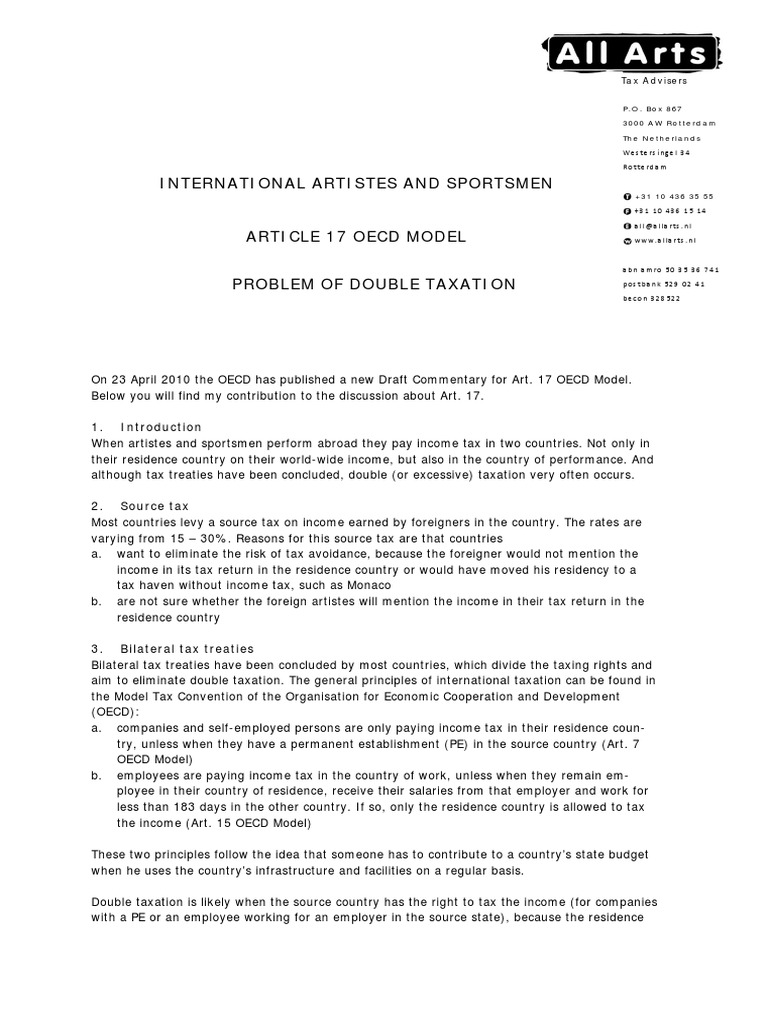 Artists and Sportsmen - Art 17 OECD | PDF | Taxes | Double Taxation