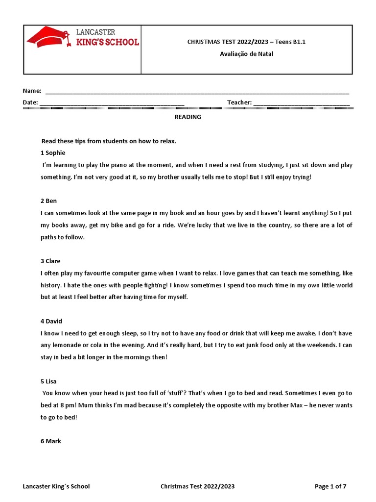 B1.1 Christmas Test 2022/2023 | PDF