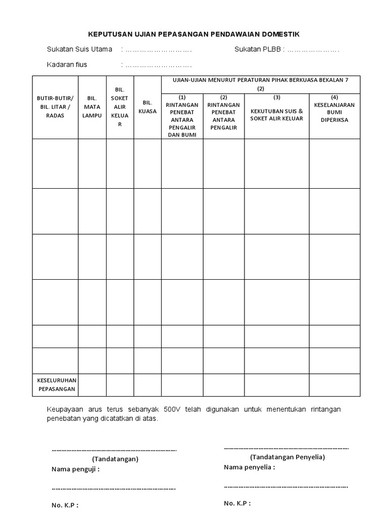 KEPUTUSAN UJIAN PEPASANGAN PENDAWAIAN DOMESTIK (Borang) | PDF