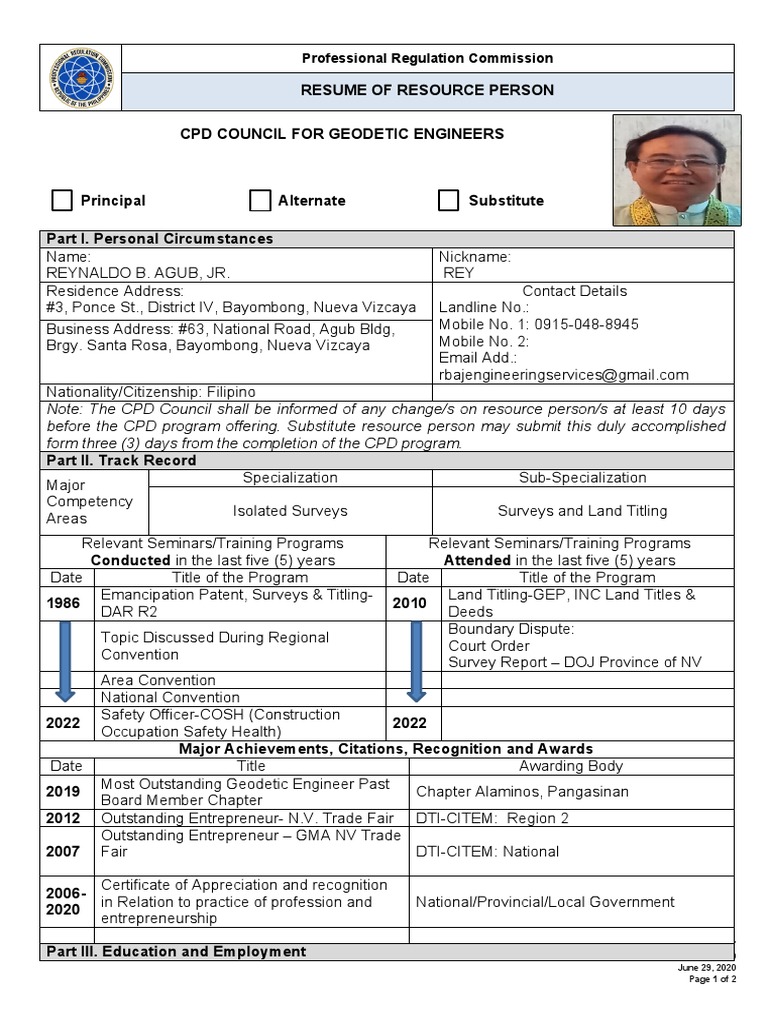 Resume and Professional Profile of Reynaldo B. Agub Jr., Geodetic ...