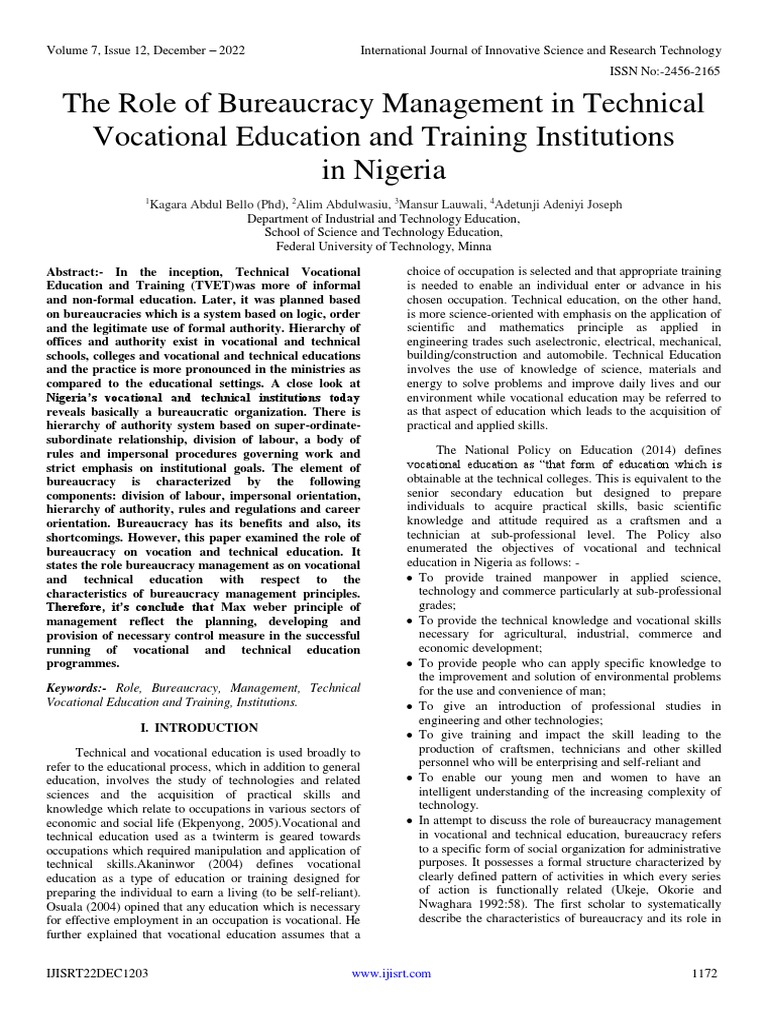 The Role of Bureaucracy Management in Technical Vocational Education and Training Institutions ...