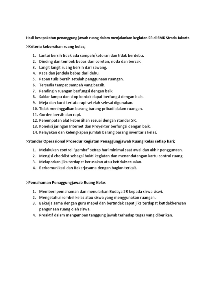 Kesepakatan Kriteria Kebersihan Ruangan Kelas 5R | PDF
