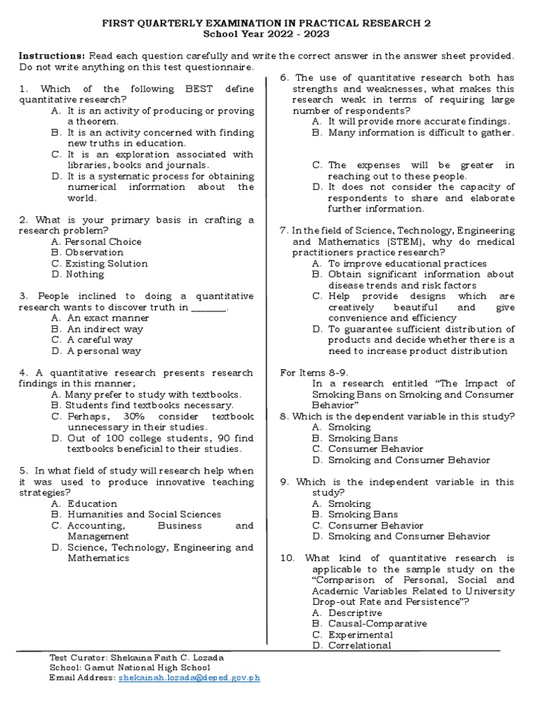 FIRST QUARTERLY EXAMINATION IN PRACTICAL RESEARCH 2 | PDF | Quantitative Research | Statistics