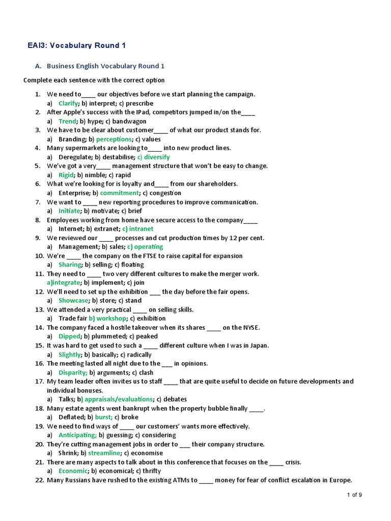 Business English Vocabulary Quiz | PDF | Economies Of Scale | Market ...