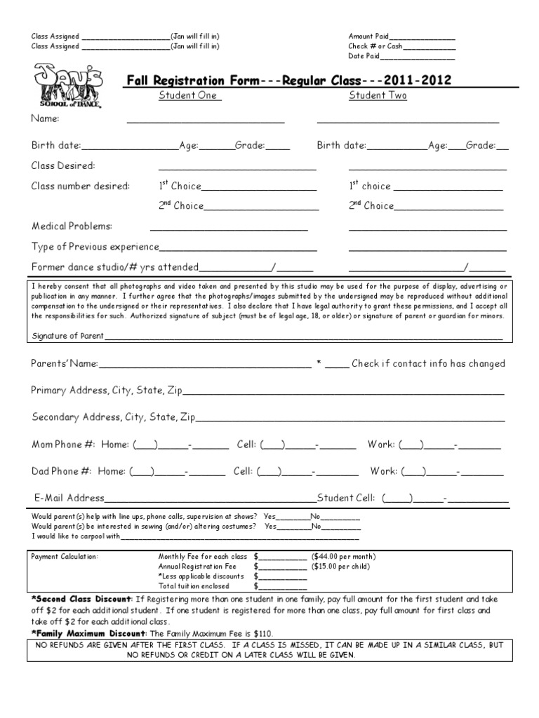 2011 - 12 Fall Registration Form - Reg Classes | PDF | Business