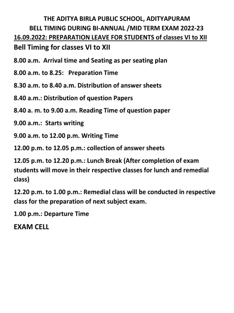 Aditya Birla School Exam Bell Schedule | PDF