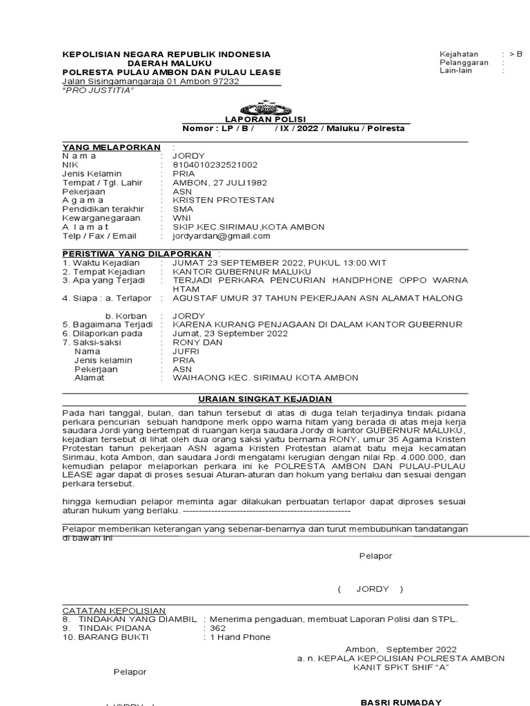 Contoh Laporan Polisi | PDF