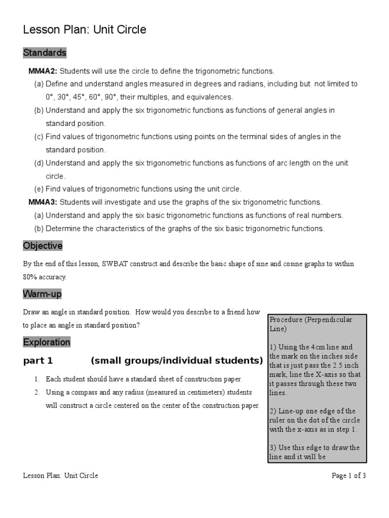 Lesson Plan: Unit Circle: Standards | PDF | Trigonometric Functions ...